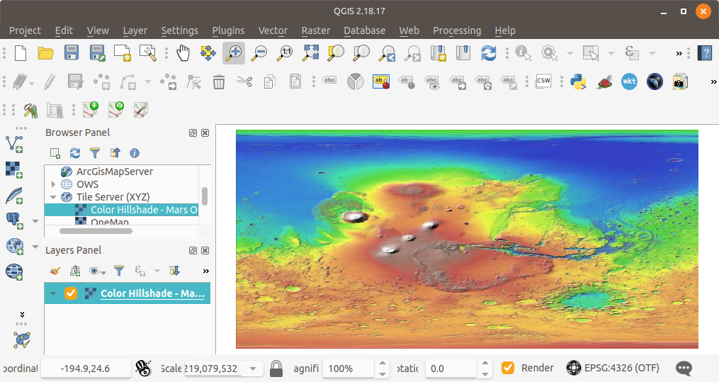 dominoc925: Add Mars Web Mapping Tile Server datasets from NASA to QGIS