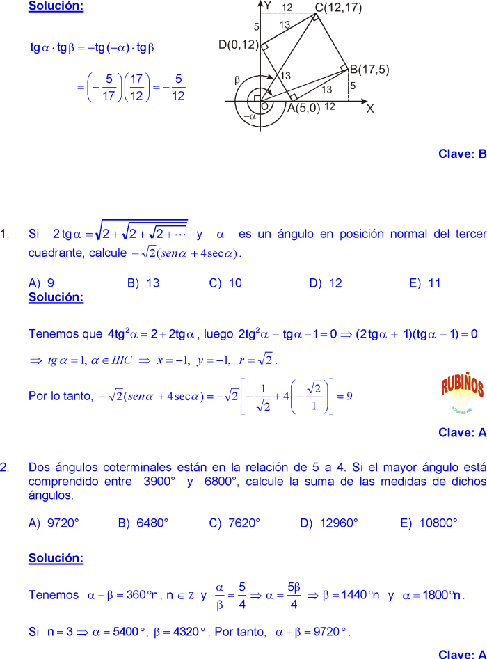 Ángulos en posición normal ejercicios resueltos de Razones trigonométricas