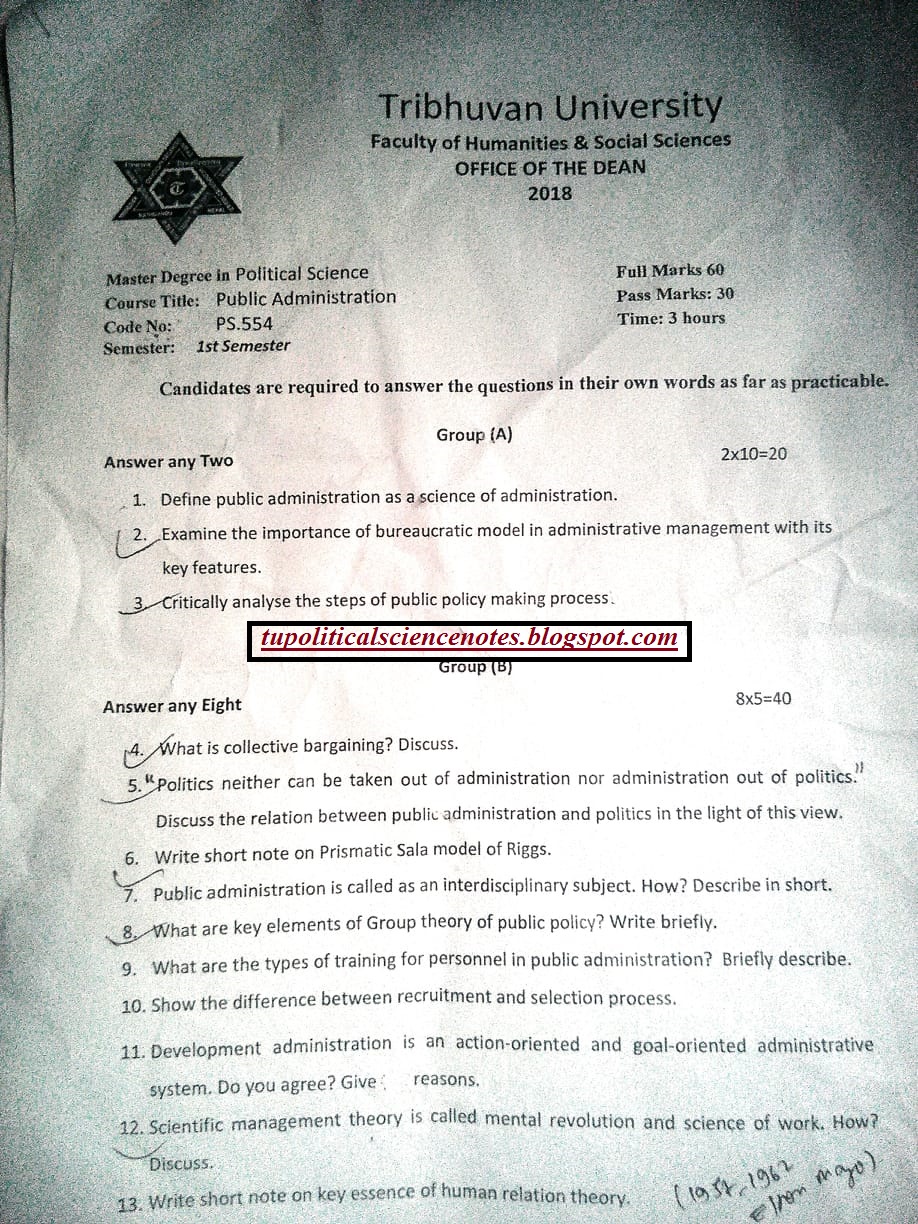 Question sets of Master degree in Political Science (First Semester 2018)