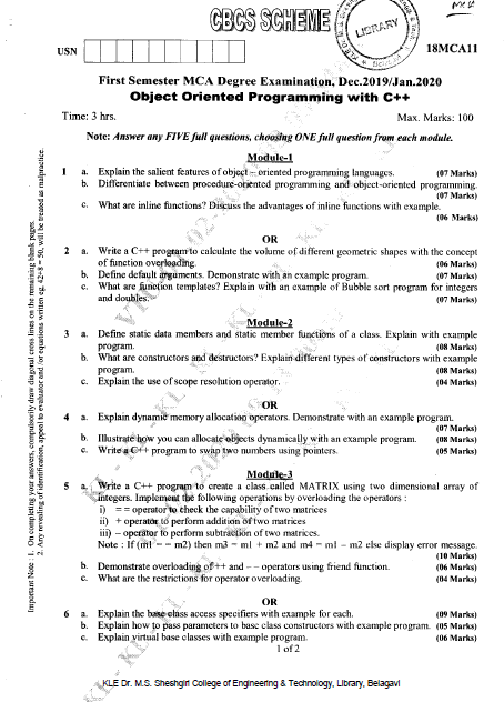 Visvesvaraya Technological University Mca Cbcs First Semester 18mca11 Object Oriented