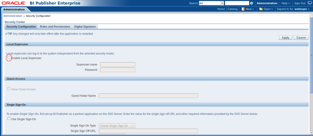 Oracle Stack Bi Publisher 11g Enable Local Superuser