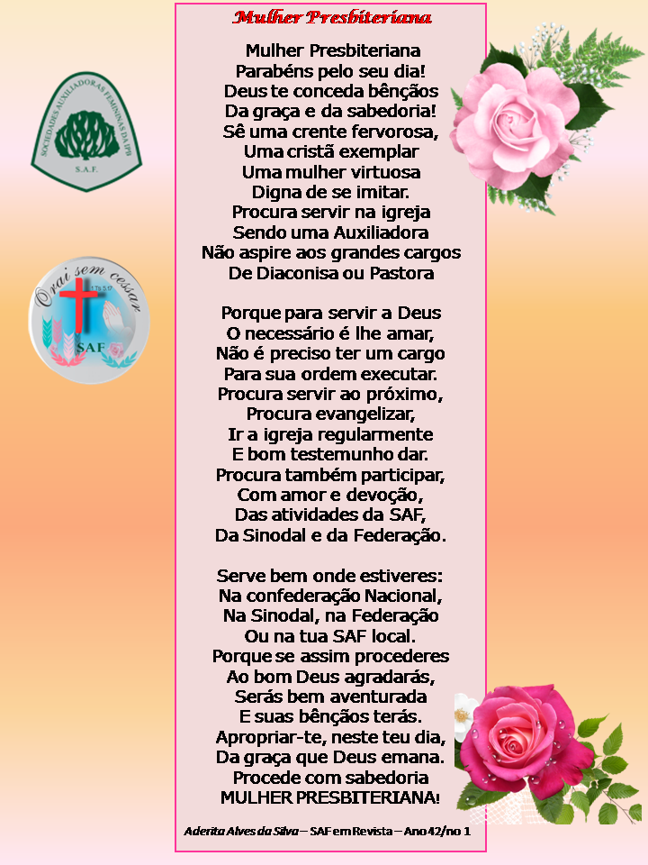 Blog da Sinodal de SAFs - Noroeste da Bahia: Dia da Mulher Presbiteriana