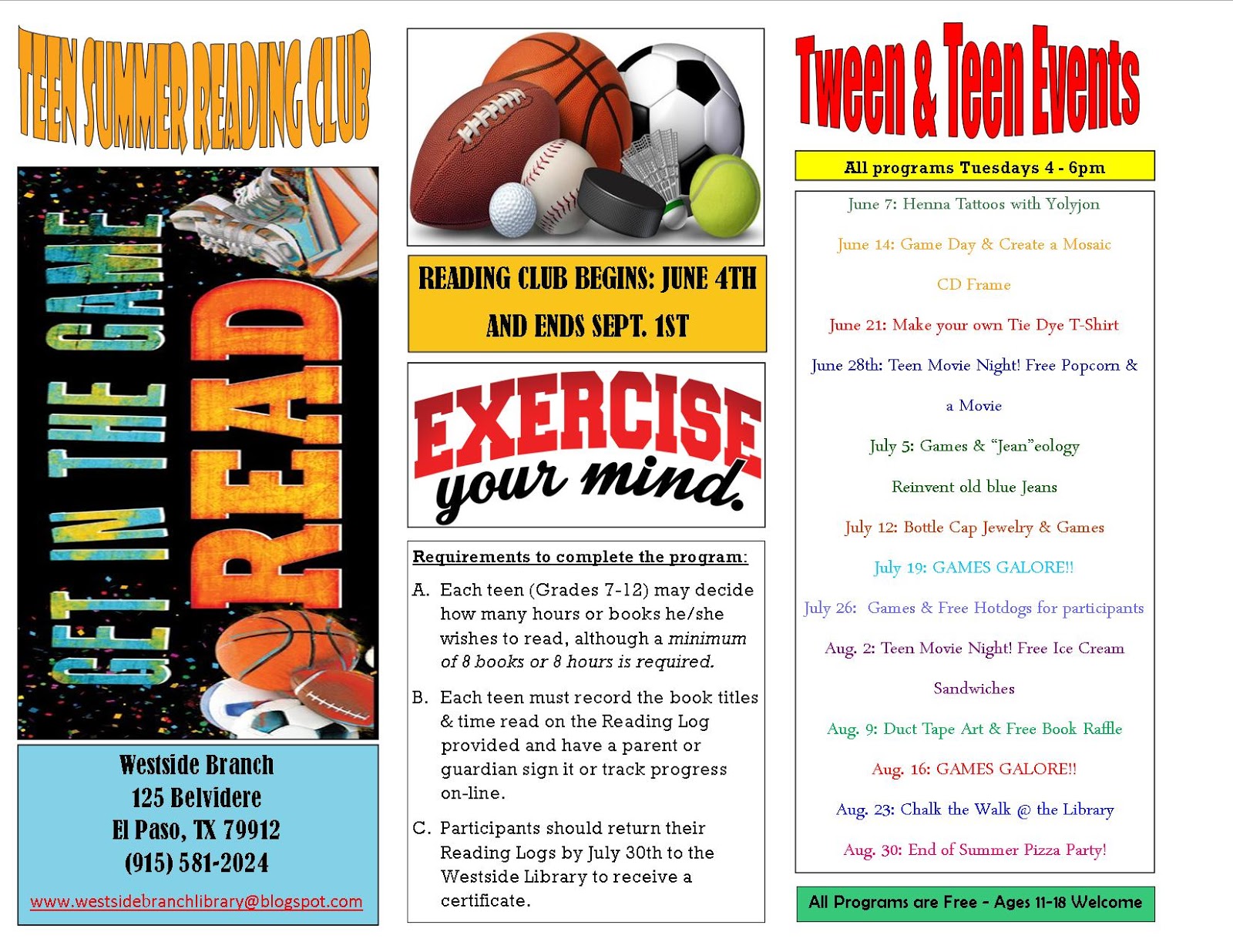 Westside Branch Library: Teen & Tween Summer Programs @ Westside Library