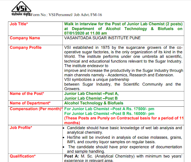 UDYOG ADDA: VASANTDADA SUGAR INSTITUTE PUNE Walk in interview for the Post of Junior Lab Chemist ...