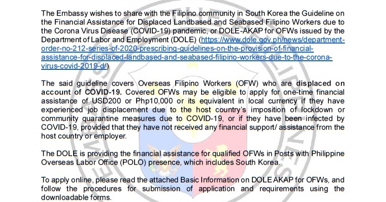 Financial Assistance for Displaced Landbased and Seabased Filipino ...