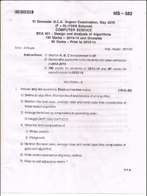 Bangalore University B.c.a. Computer Science Bca 601 : Design and Analysis of Algorithms May ...