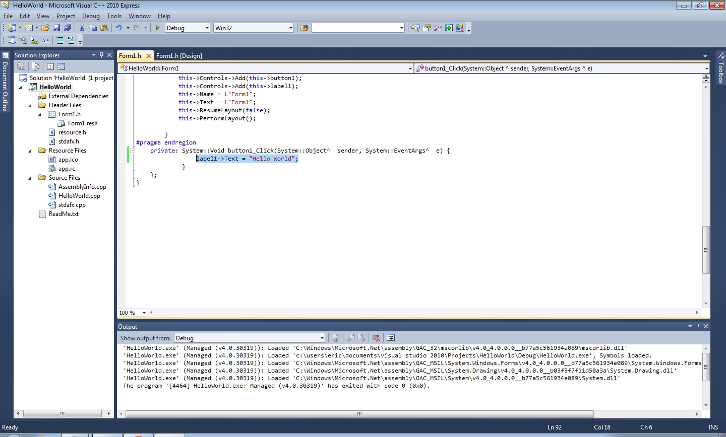 C Exercise Create Helloworld Windows Form Application Using Visual C 2010 Express