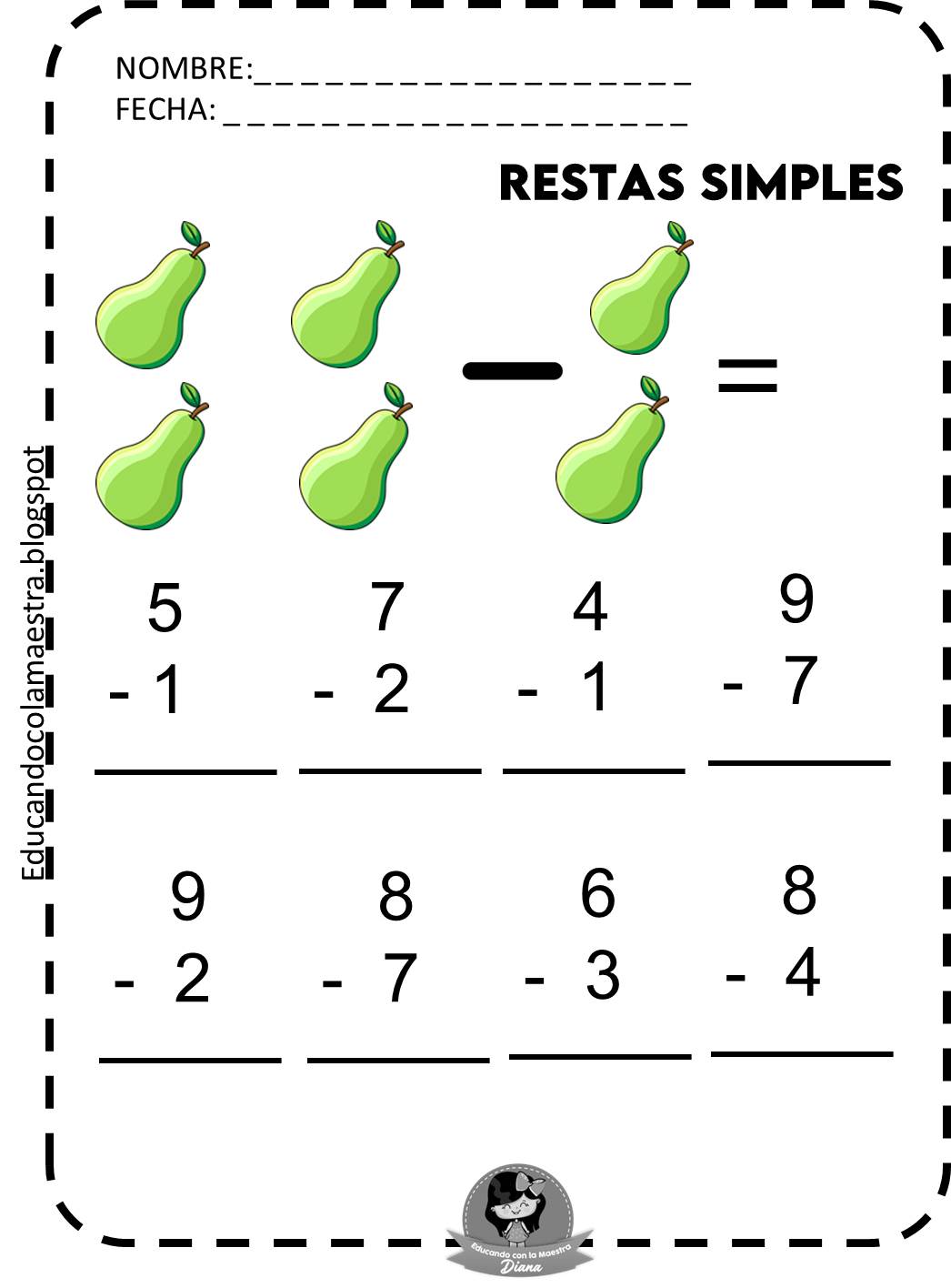Educando con la Maestra: La Resta / Sustracción/ ejercicios sencillos!!!