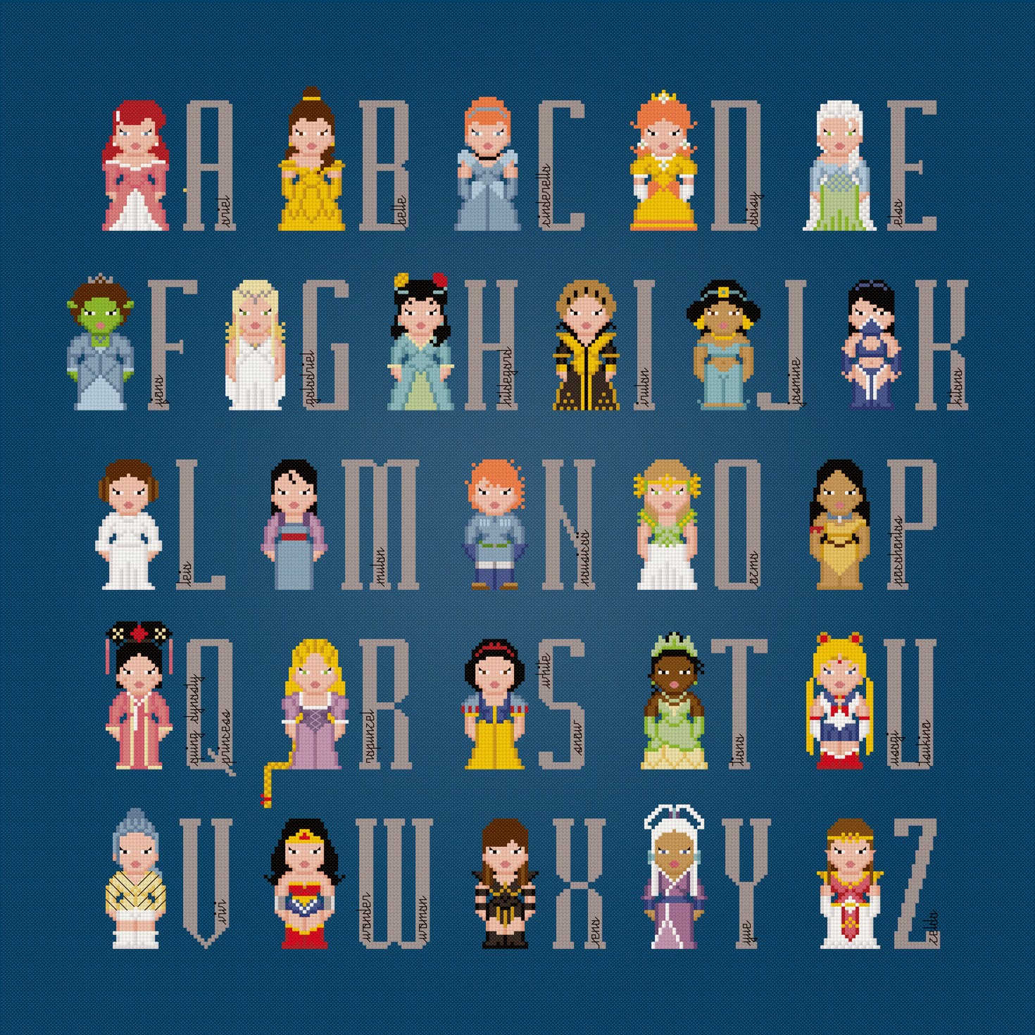 Cross-Stitch Patterns from PixelPower: Princess Alphabet - Cross Stitch ...
