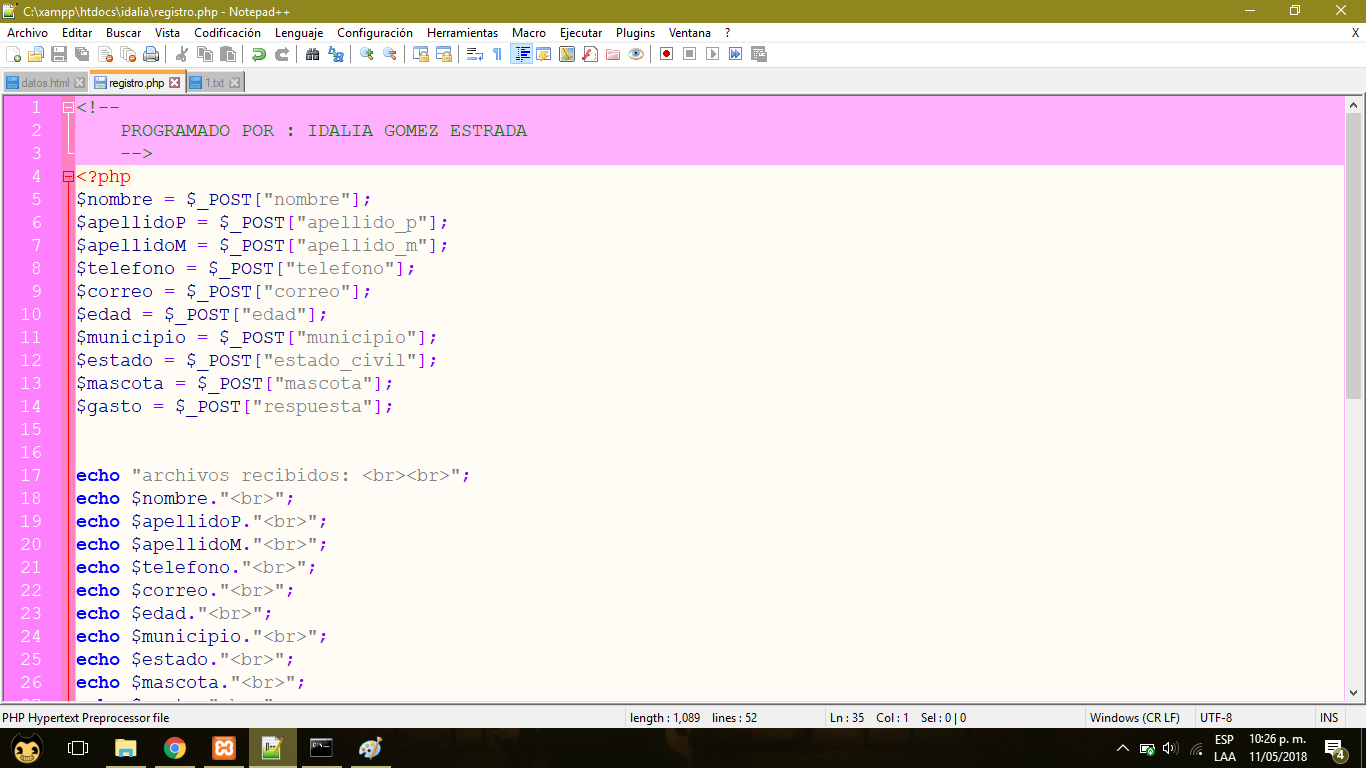 Idalia Gomez Estrada DAW : FORMULARIO DE UN REGISTRO EN HTML