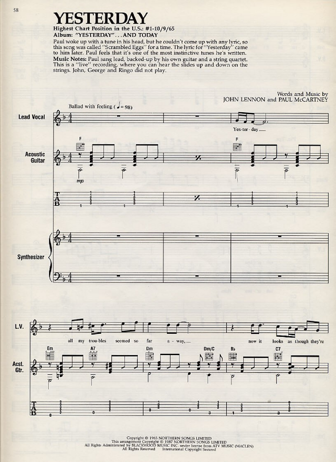 Partitura para piano de Yesterday de los Beatles - Partituras de piano ...