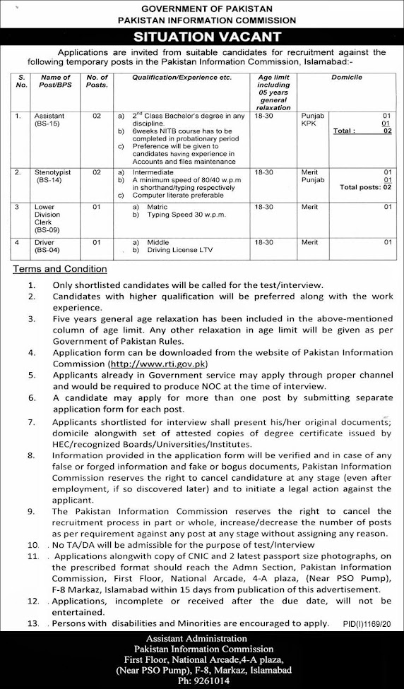 JOBS AT PAKISTAN INFORMATION COMMISSION SEPTEMBER 2020
