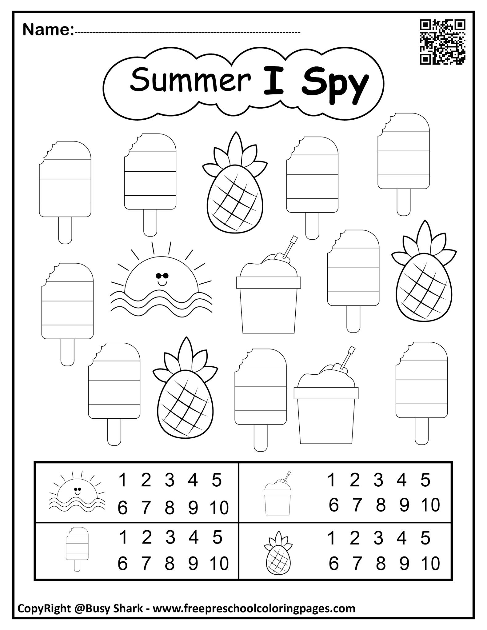 Set of Summer I spy numbers coloring pages