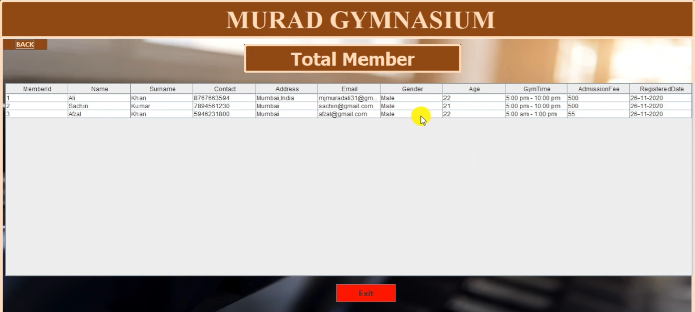 Gym Management System Project using Java and MySQL