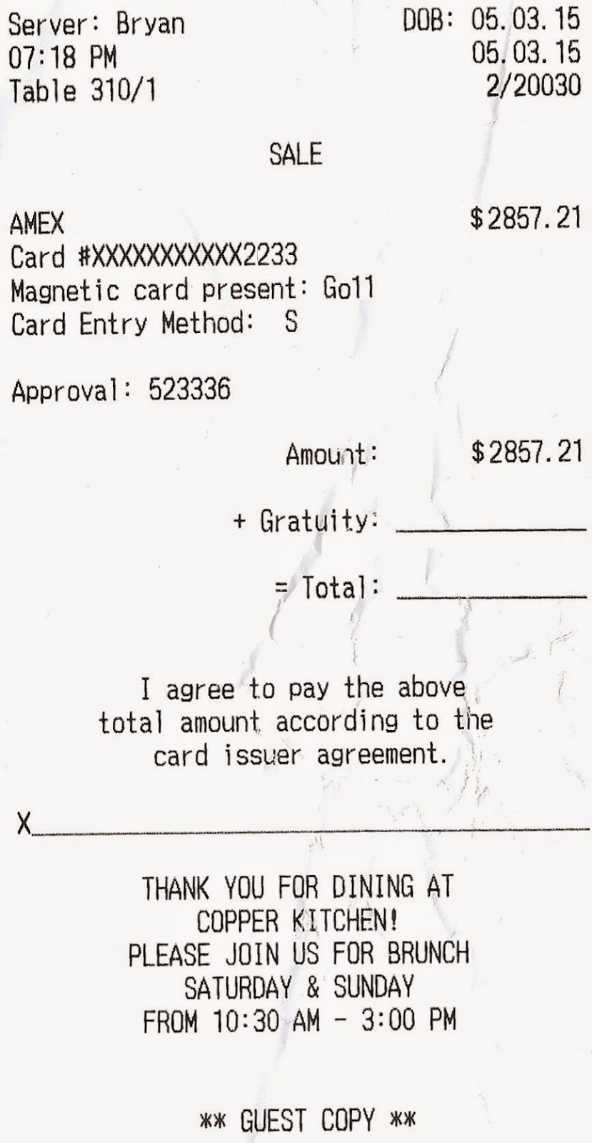 Go 11: The huge restaurant check