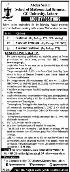 ASSMS GCU Lahore Faculty Positions March 2021