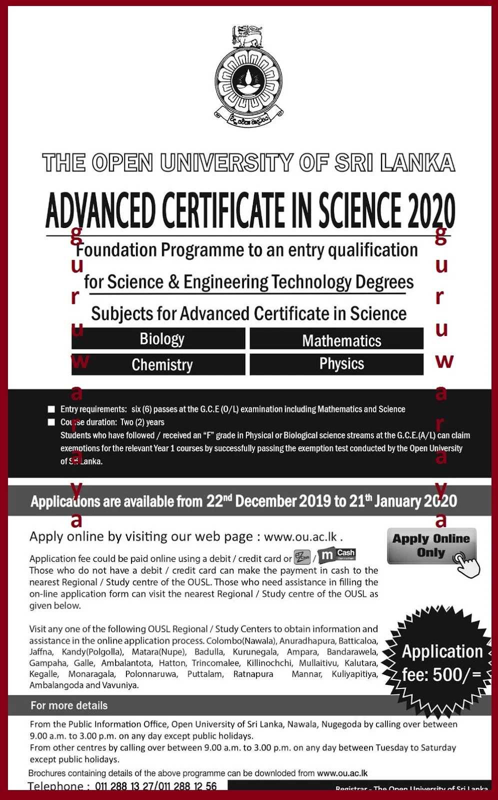 Advanced Certificate ion Science 2020 : Open University of Sri Lanka ...