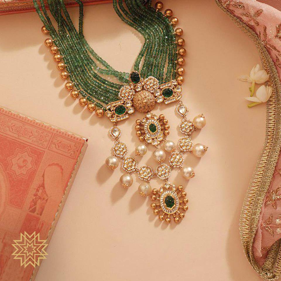 Diamond Emerald Locket with Beads Set - Jewellery Designs