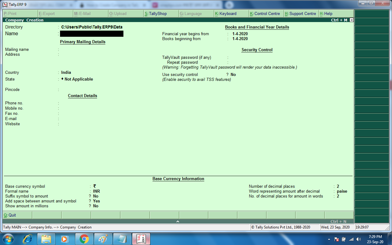 Chapter 7 : How to Create Company in Tally ERP 9