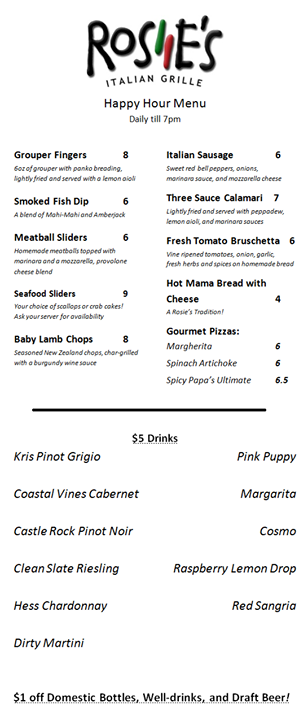 Rosie's Italian Grille: Happy Hour Specials