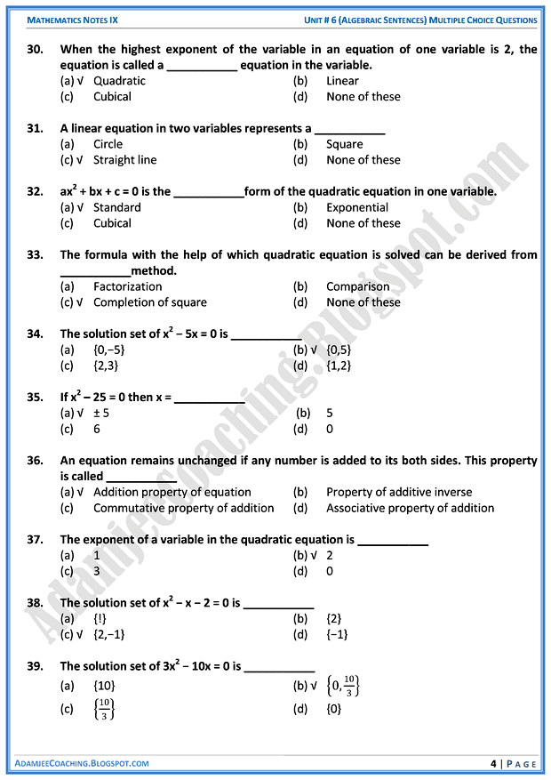 Adamjee Coaching: Algebraic Sentences - MCQs - Mathematics 10th