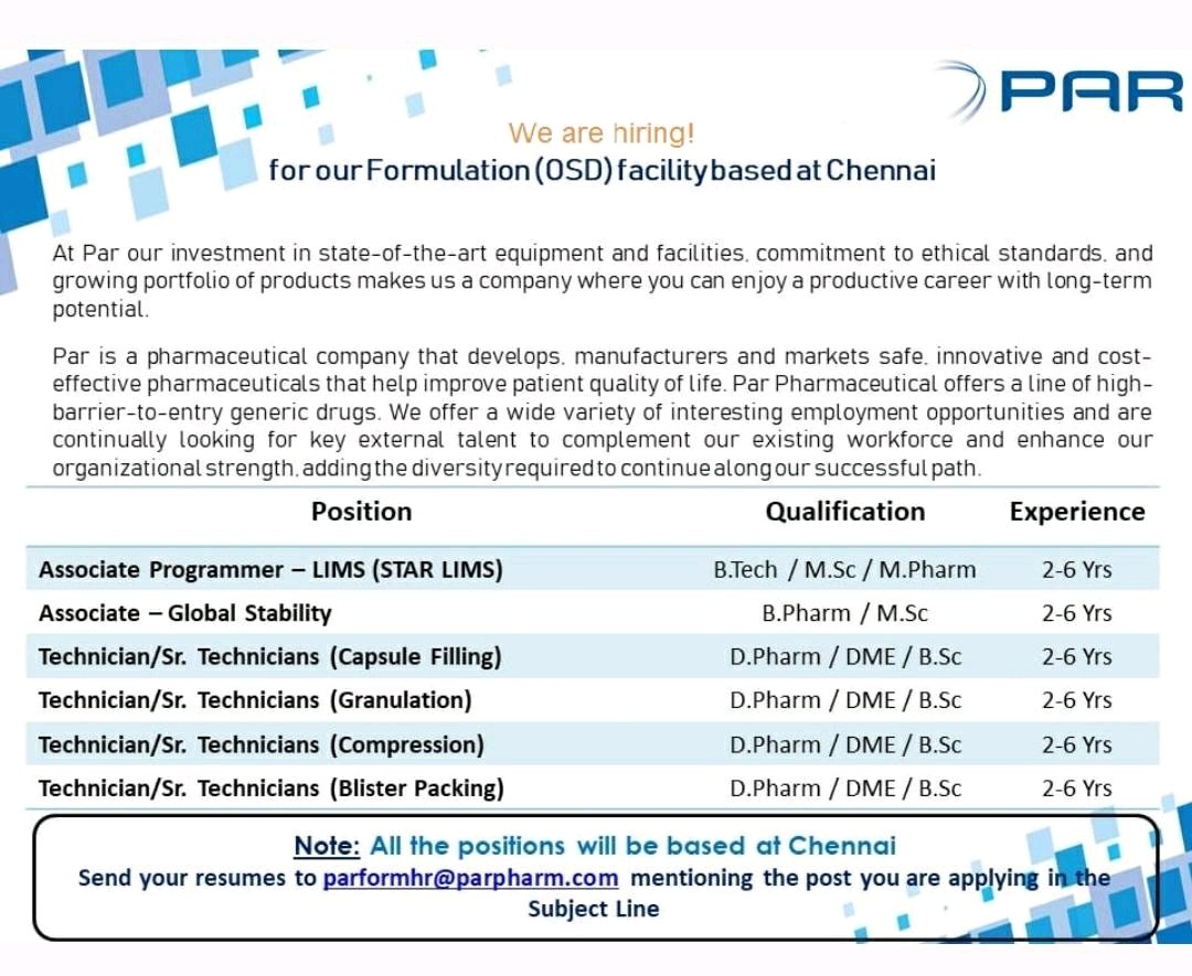 Par Pharma Chennai jobs for B.tech M.Sc B.pharm M.pharm D.Pharm B.sc DME apply now