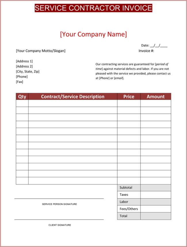 Subcontractor Invoice Form - Invoice Template