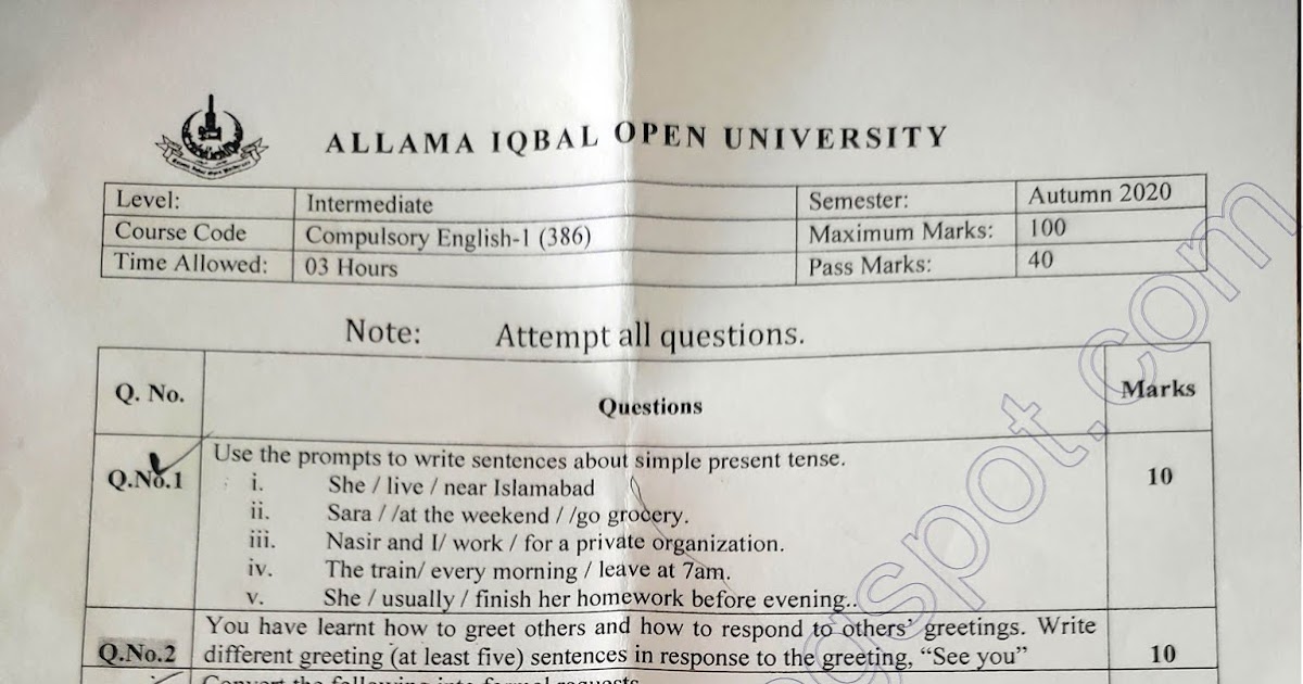 386 aiou Past paper Compulsory English-I Autumn 2020 - Studyinfo4edu