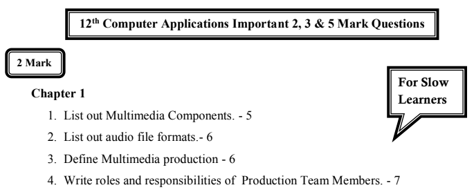 12th Computer Application - Important 2,3,5 Mark Questions for Slow ...
