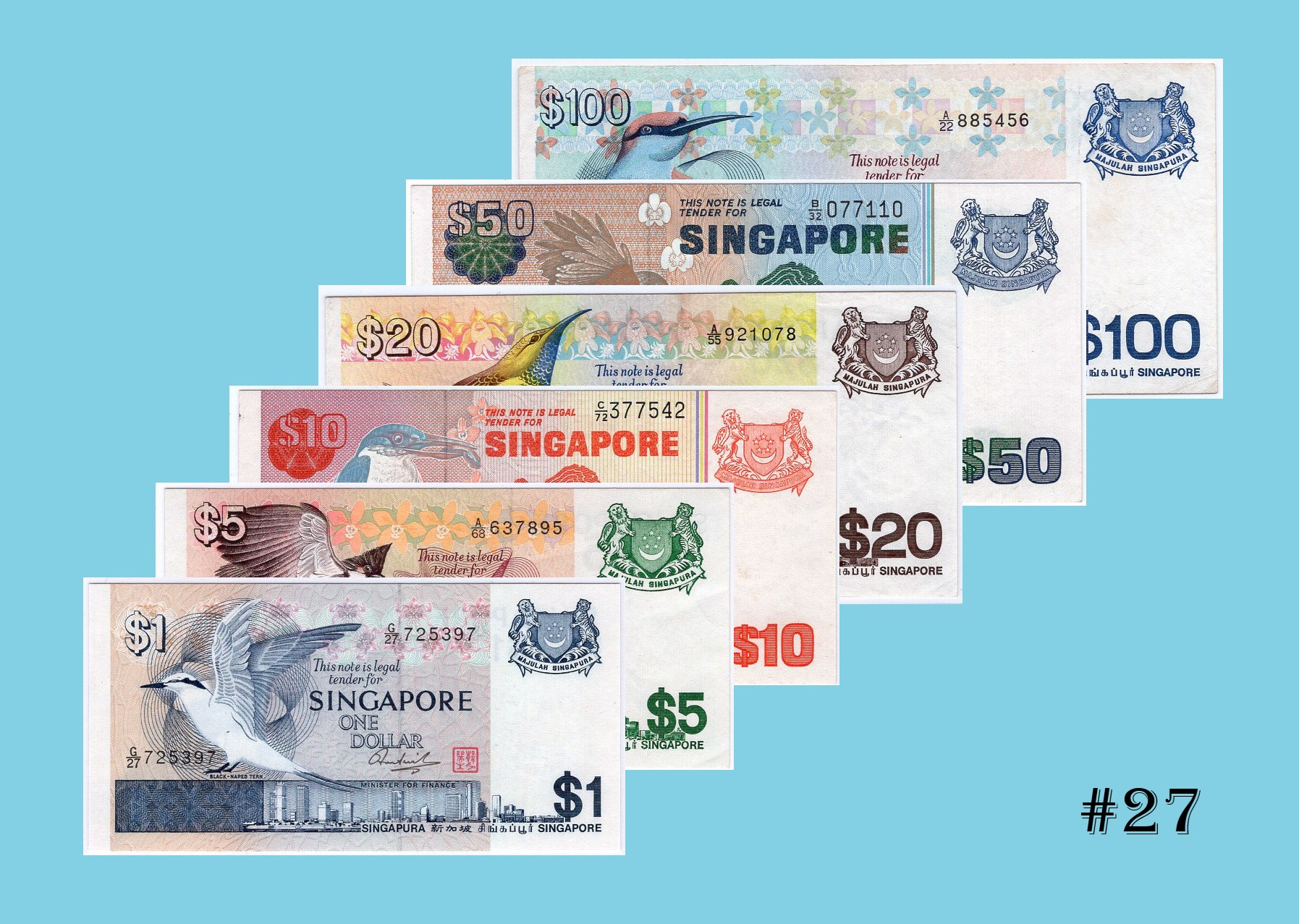 Singapore Banknotes Corner: Singapore Bird Series $1 to $100 Banknotes Set