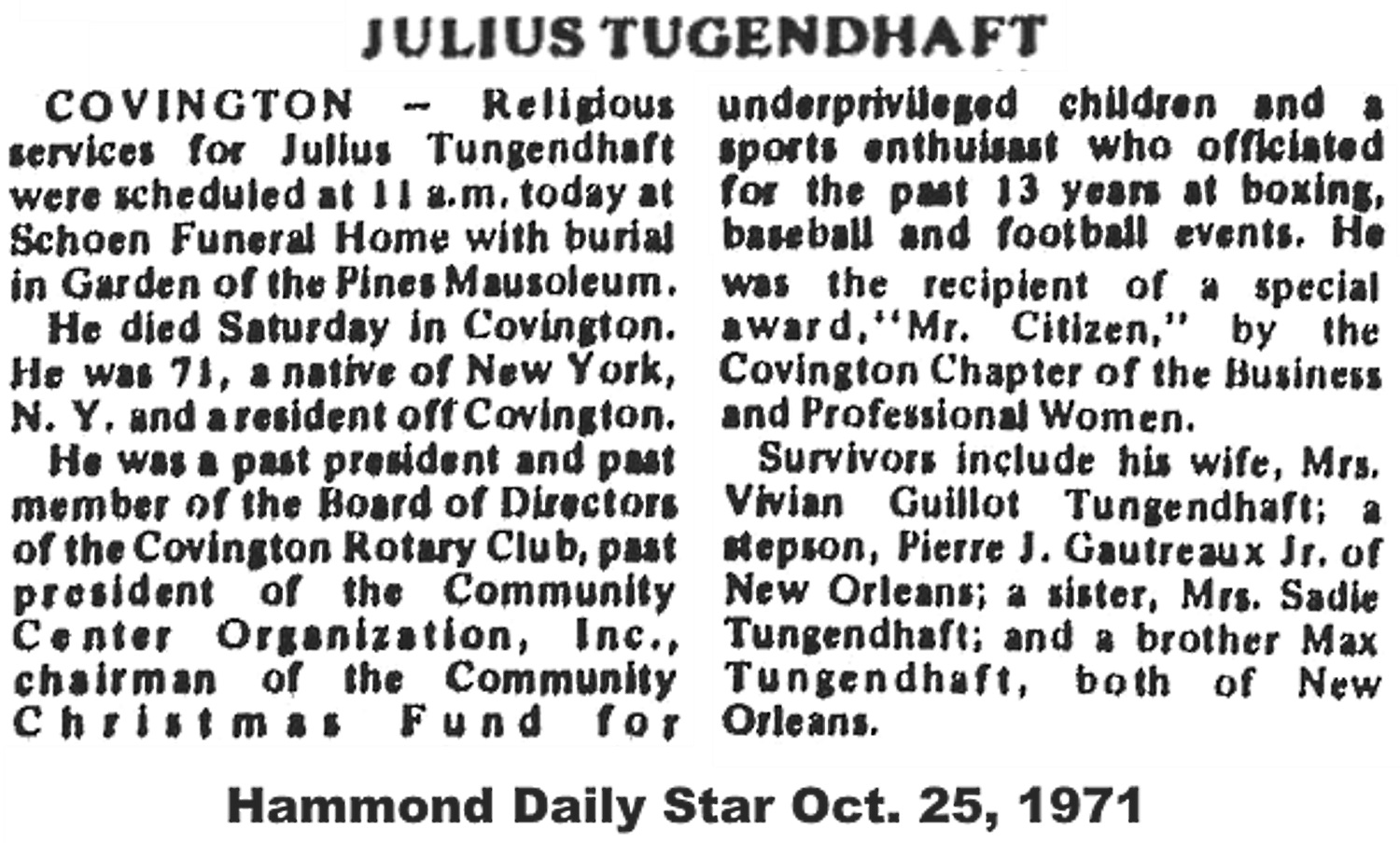 Tammany Family: John Fahey Honors Tugy Tugendhaft