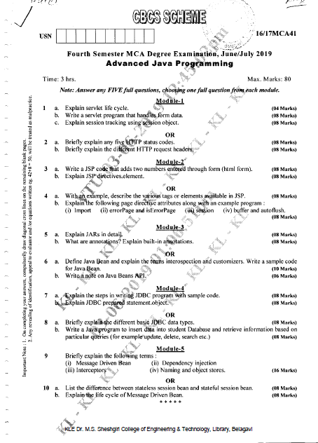 Visvesvaraya Technological University Mca Cbcs Fourth Semester 1617mca41 Advanced Java