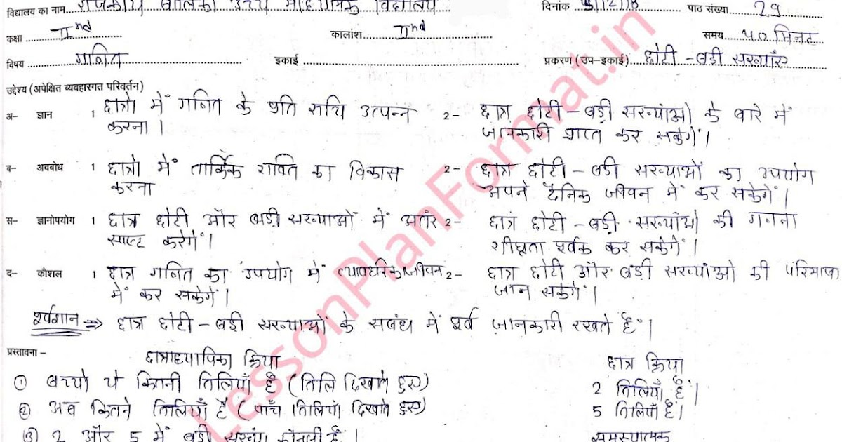 Maths Lesson Plan Class 2 Number Comparison