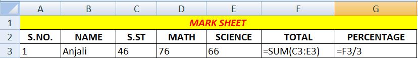 MS Excel Mark sheet