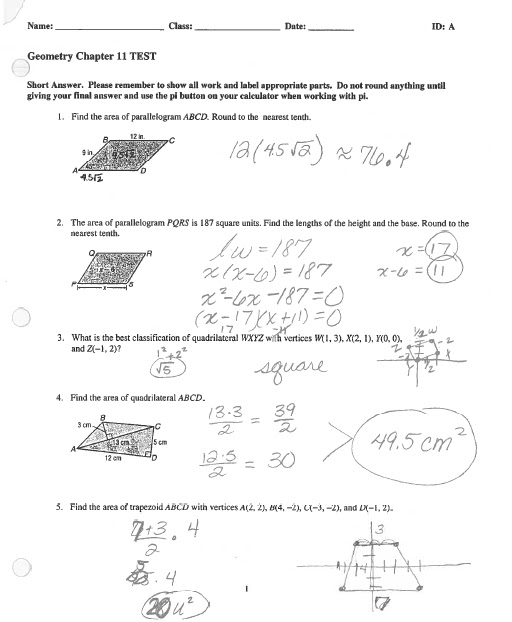 Math Classes Spring 2012 Geometry Chapter 11 Test 2 Answer Key Math Classes Spring 2012 Geometry Chapter 11 Test 2 Answer Key
