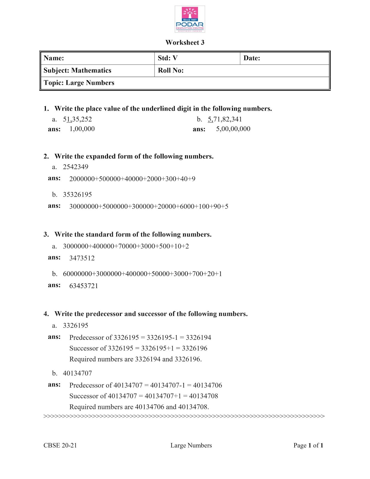 Math Ch-1 Large Numbers(workbook exercise and worksheets)