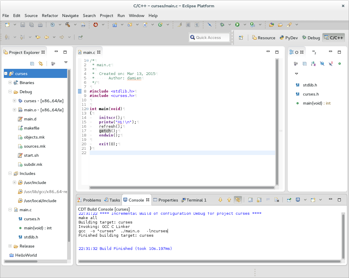 Damien Learns Programming: Experimenting with ncurses on Linux in Eclipse