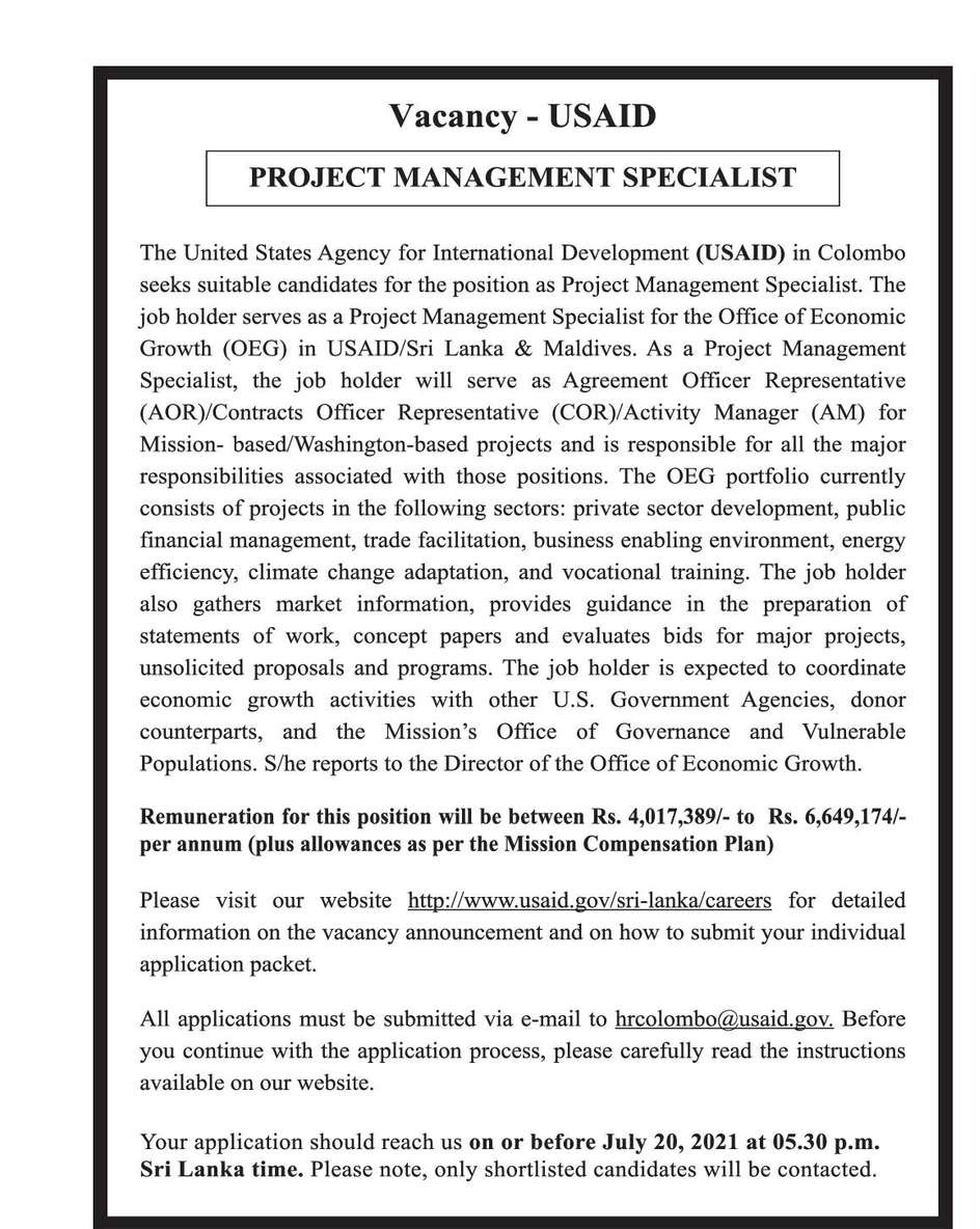 Job Vacancies Sri Lanka: Project Management Specialist – The United ...