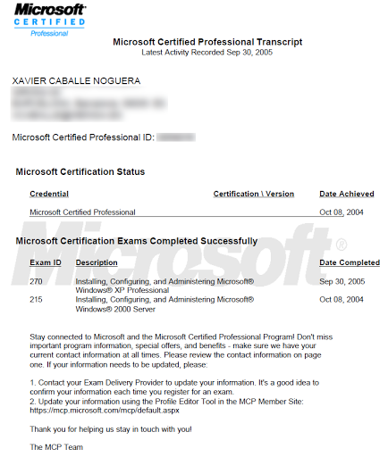 Pantallazos.es: Microsoft Certified Professional - Transcript 2005