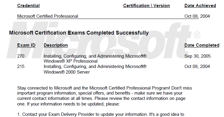 Pantallazos.es: Microsoft Certified Professional - Transcript 2005