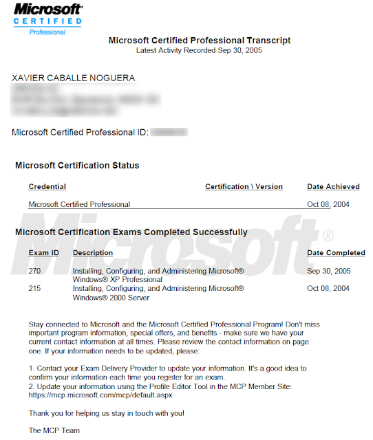 Pantallazos.es: Microsoft Certified Professional - Transcript 2005