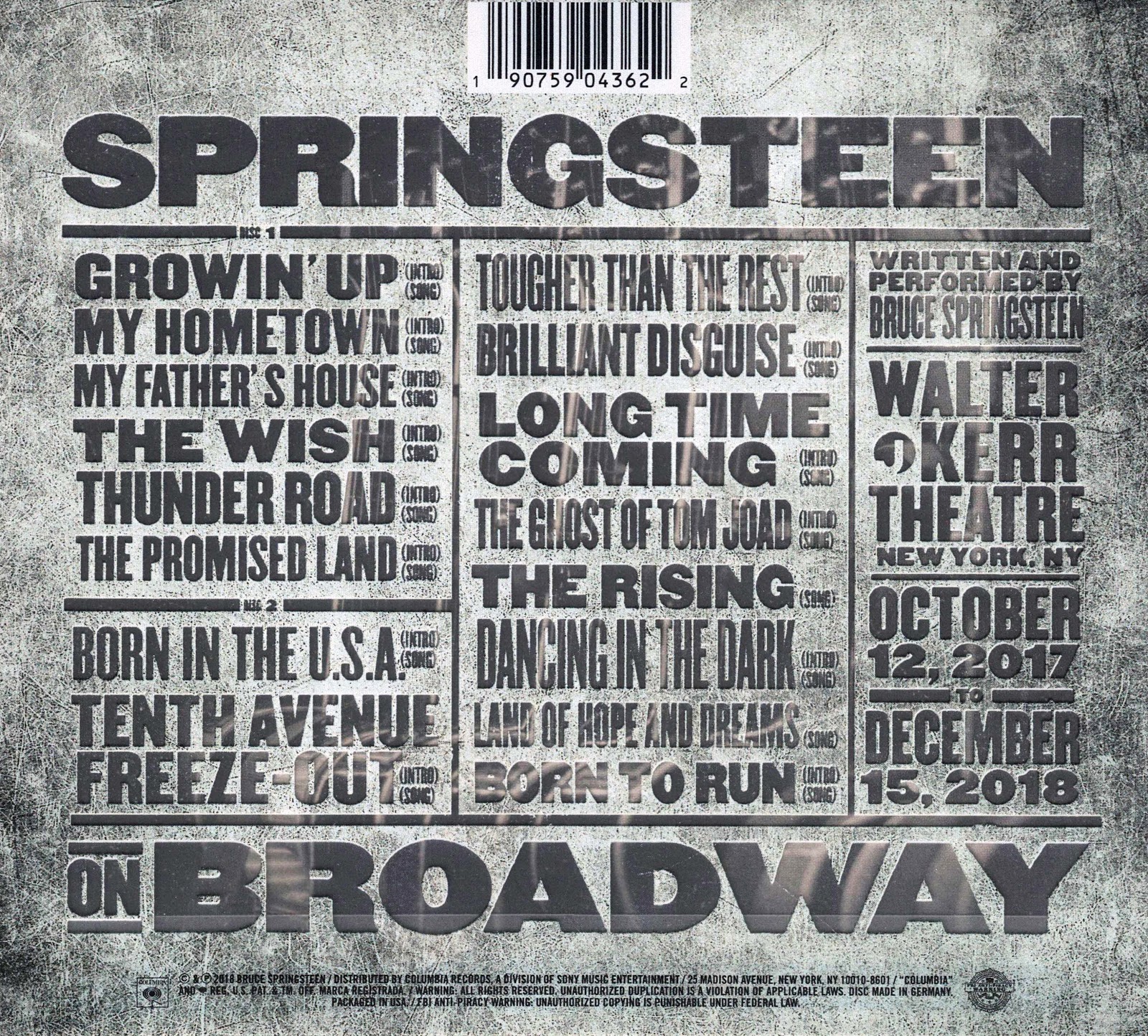 2018 Springsteen On Broadway - Bruce Springsteen - Rockronología