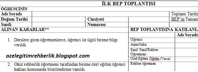 Bep Birimi Toplantısı Tutanak Örneği - Özel Eğitim Rehberlik