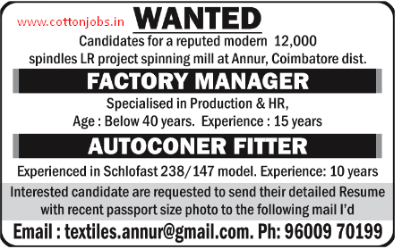 WANTED FOR FACTORY MANAGER ,AUTOCONER FITTER IN COIMBATORE JOBS POST ...