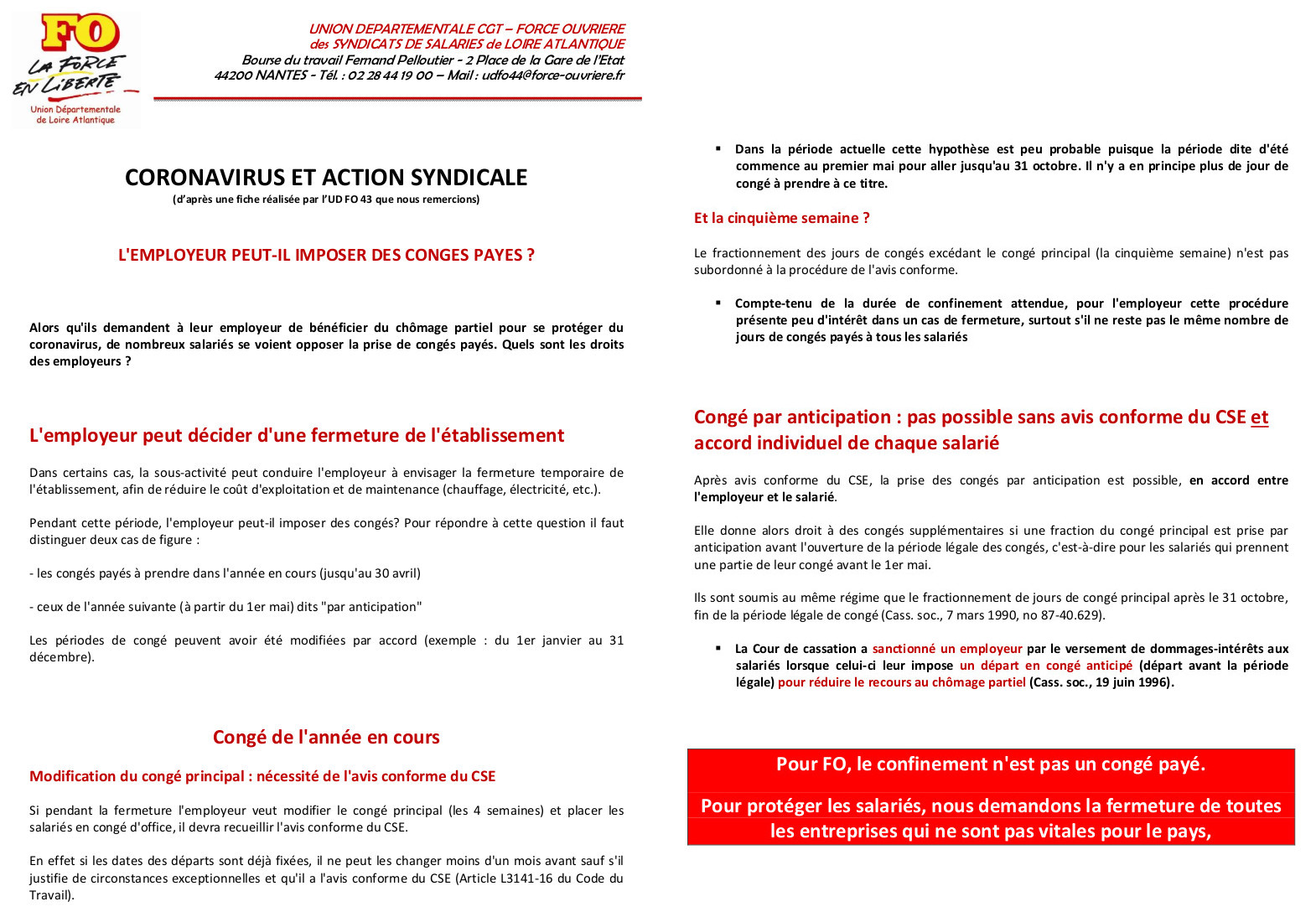 FO - Loire Atlantique: Fiches pratiques: "Droit de retrait" et "Congés"