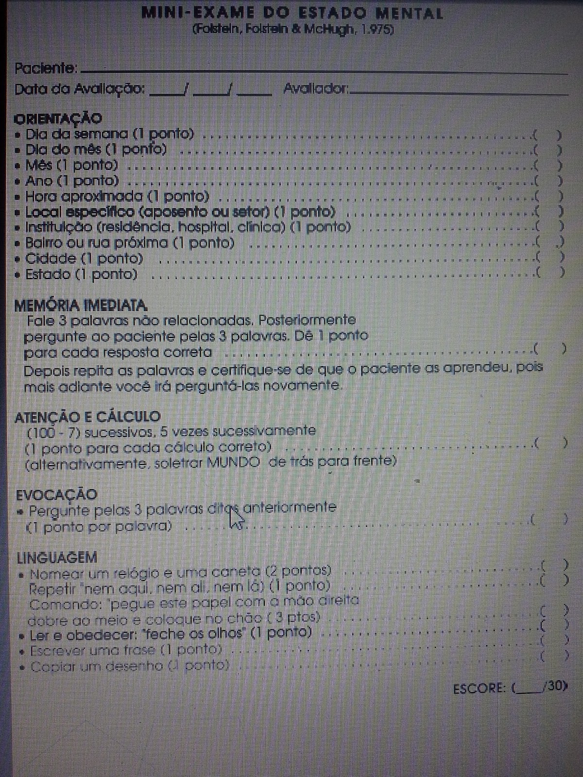 Alzheimer: Mini exame do estado mental (MEEM)