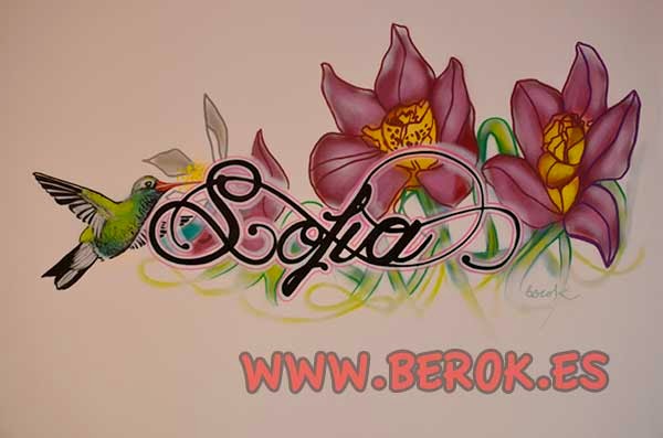 Mural para niña en habitación , graffiti con tu nombre ,colibrí y flores