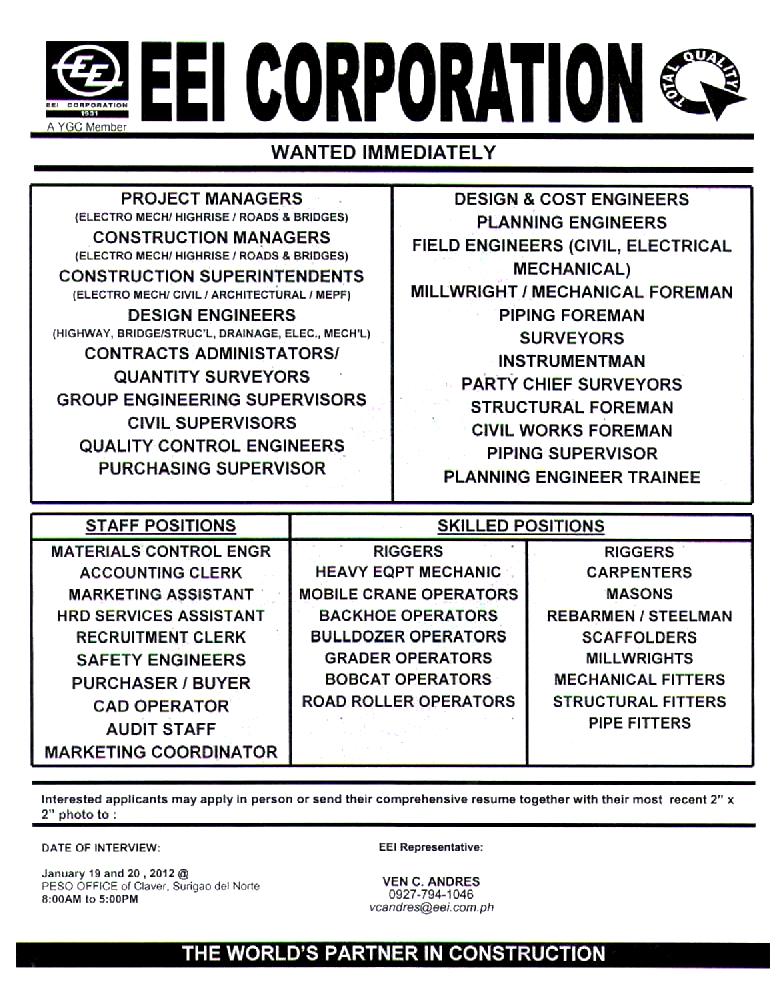 Jobs Corner: EEI Corporation - wanted immediately