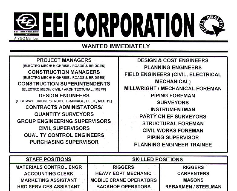 Jobs Corner: EEI Corporation - wanted immediately