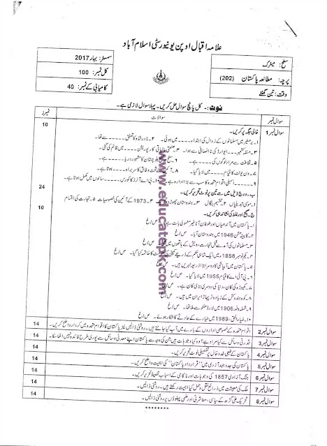 AIOU Past Paper Course Code 202 Matric Level